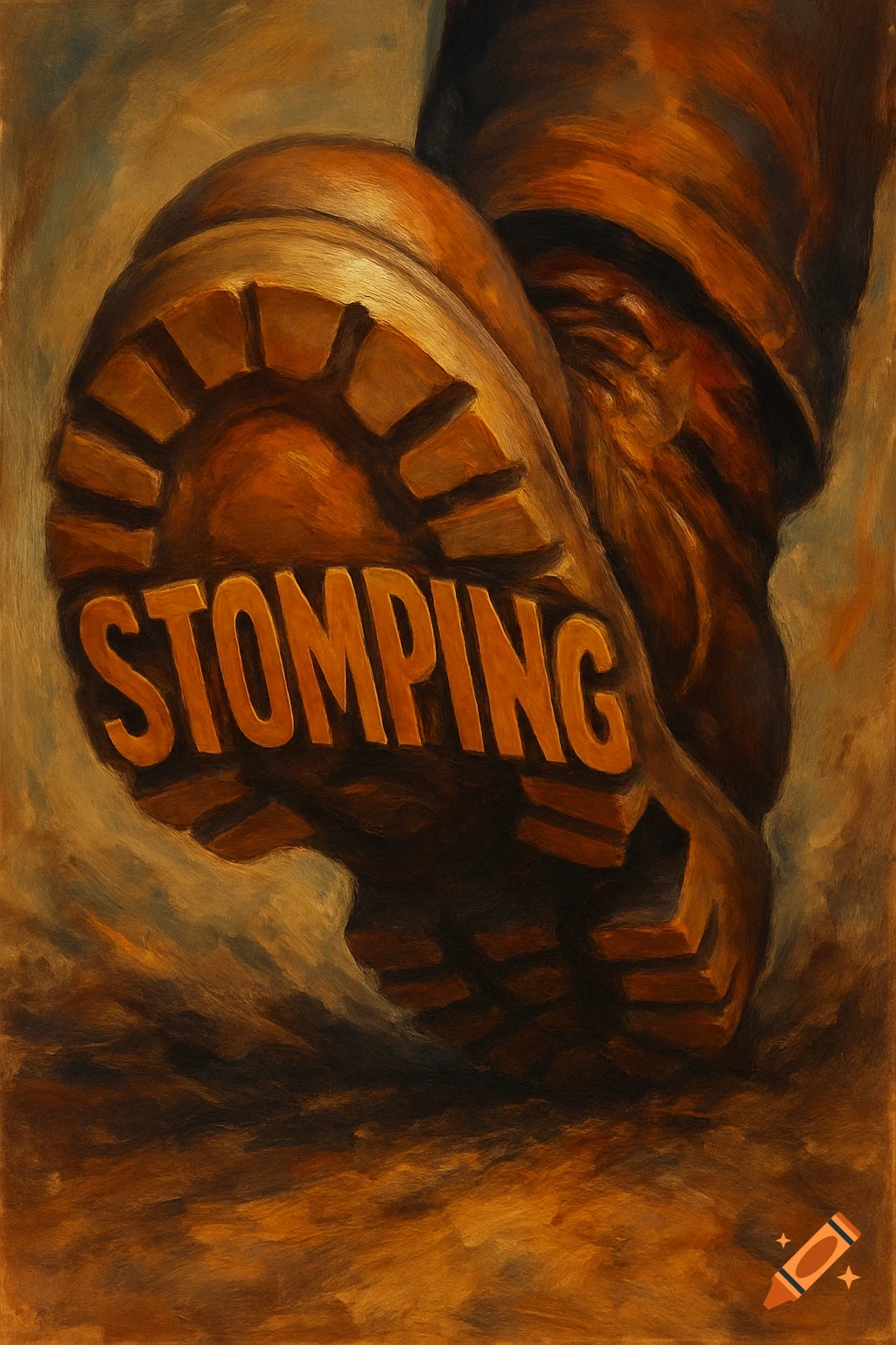 Close-up painting of a boot sole with the word 'STOMPING' on it on Craiyon