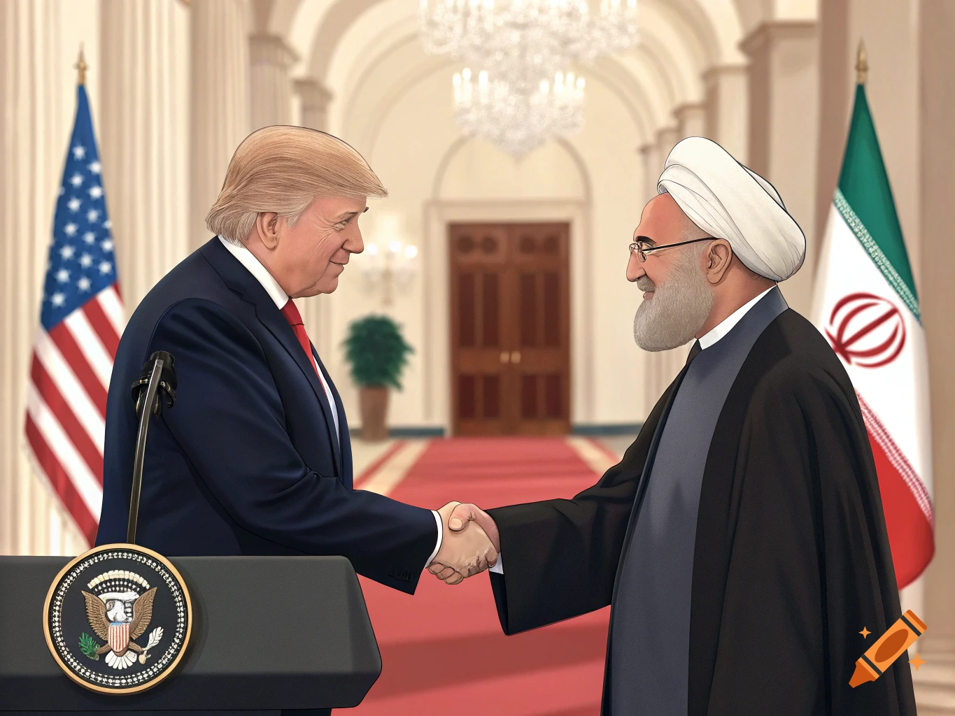 Illustration of Donald Trump shaking hands with a man in a turban at a ...