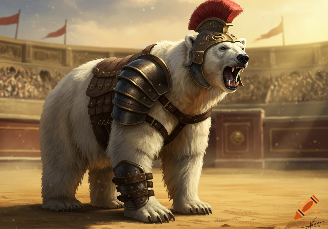 A polar bear wearing gladiator armor stands in a coliseum. on Craiyon