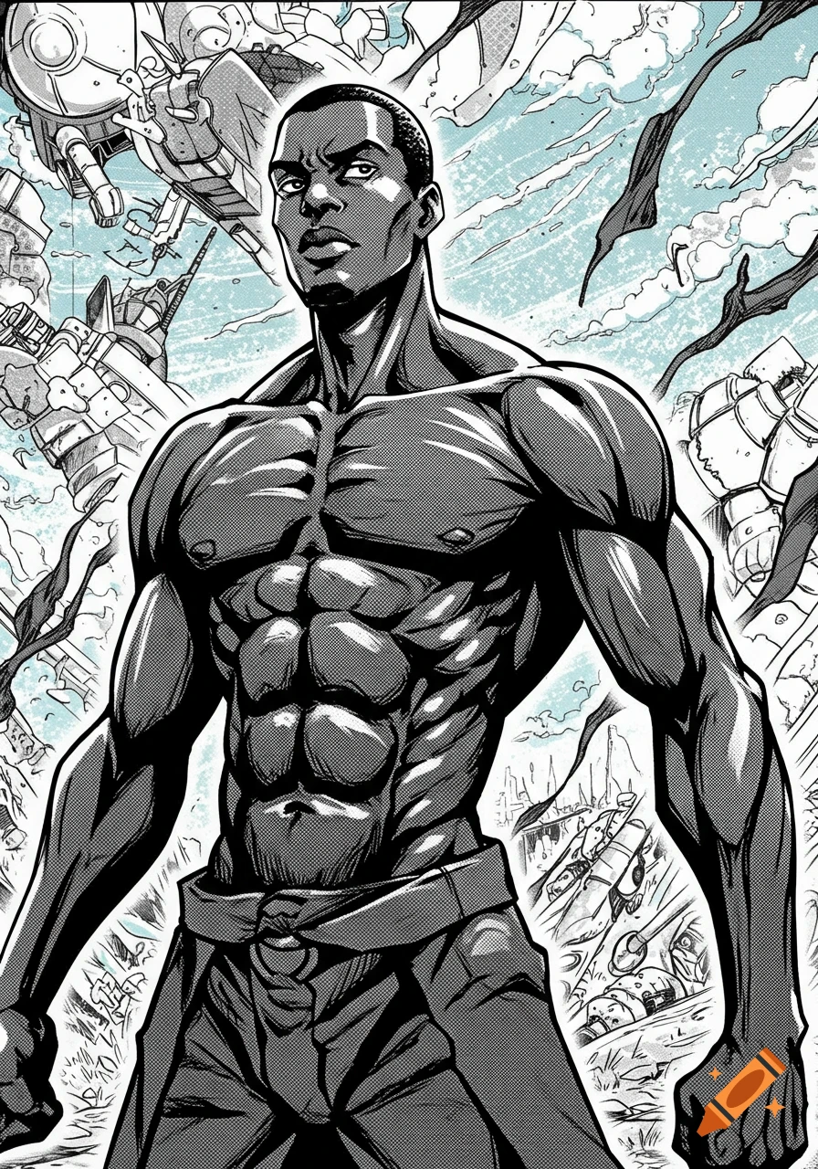 A muscular bald man stands against a background of futuristic ...