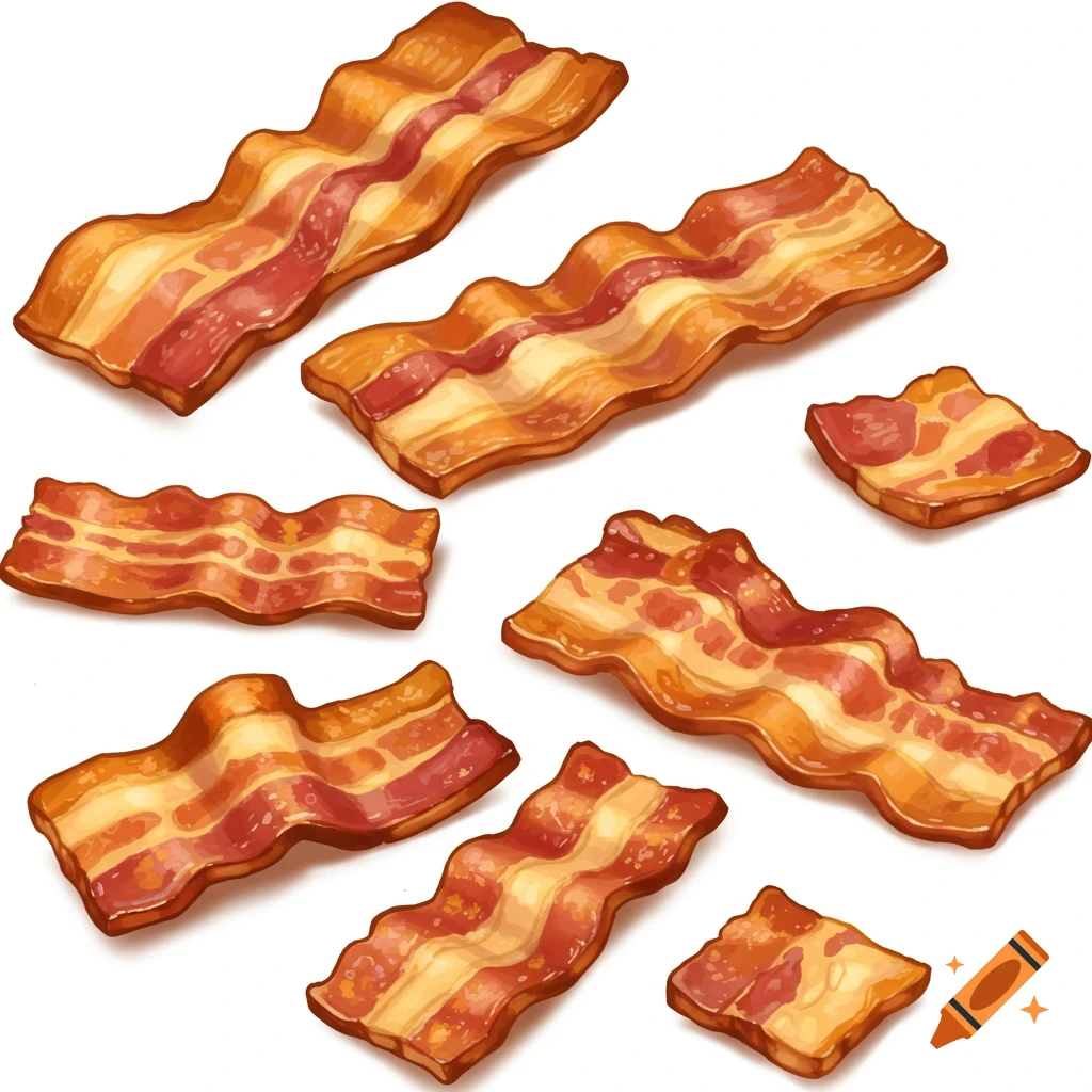 Multiple stylized slices and pieces of bacon on a white background. on ...