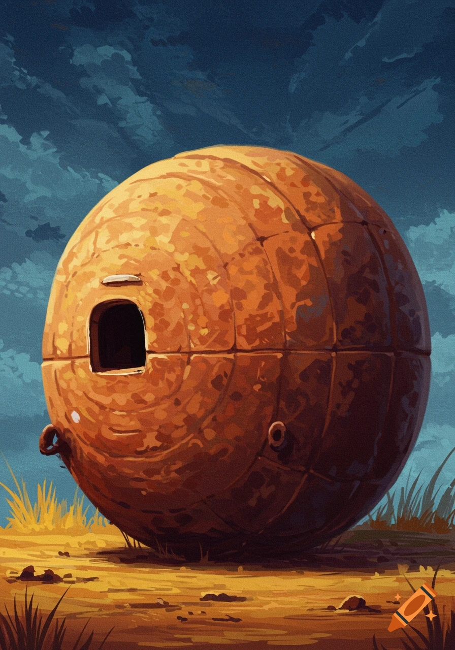 A large rusty sphere with a small opening sits on the ground in a ...