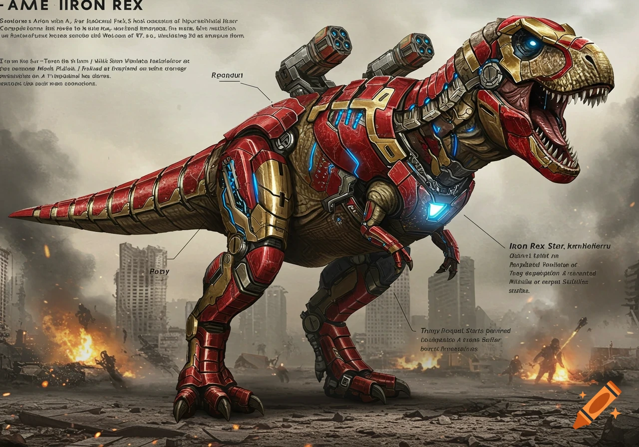 A fearsome T. rex in Iron Man style armor stomps through a destroyed ...