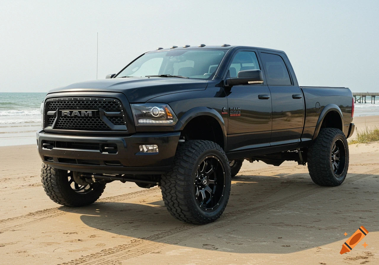 A black lifted Ram truck is parked on a sandy beach near the water. on ...