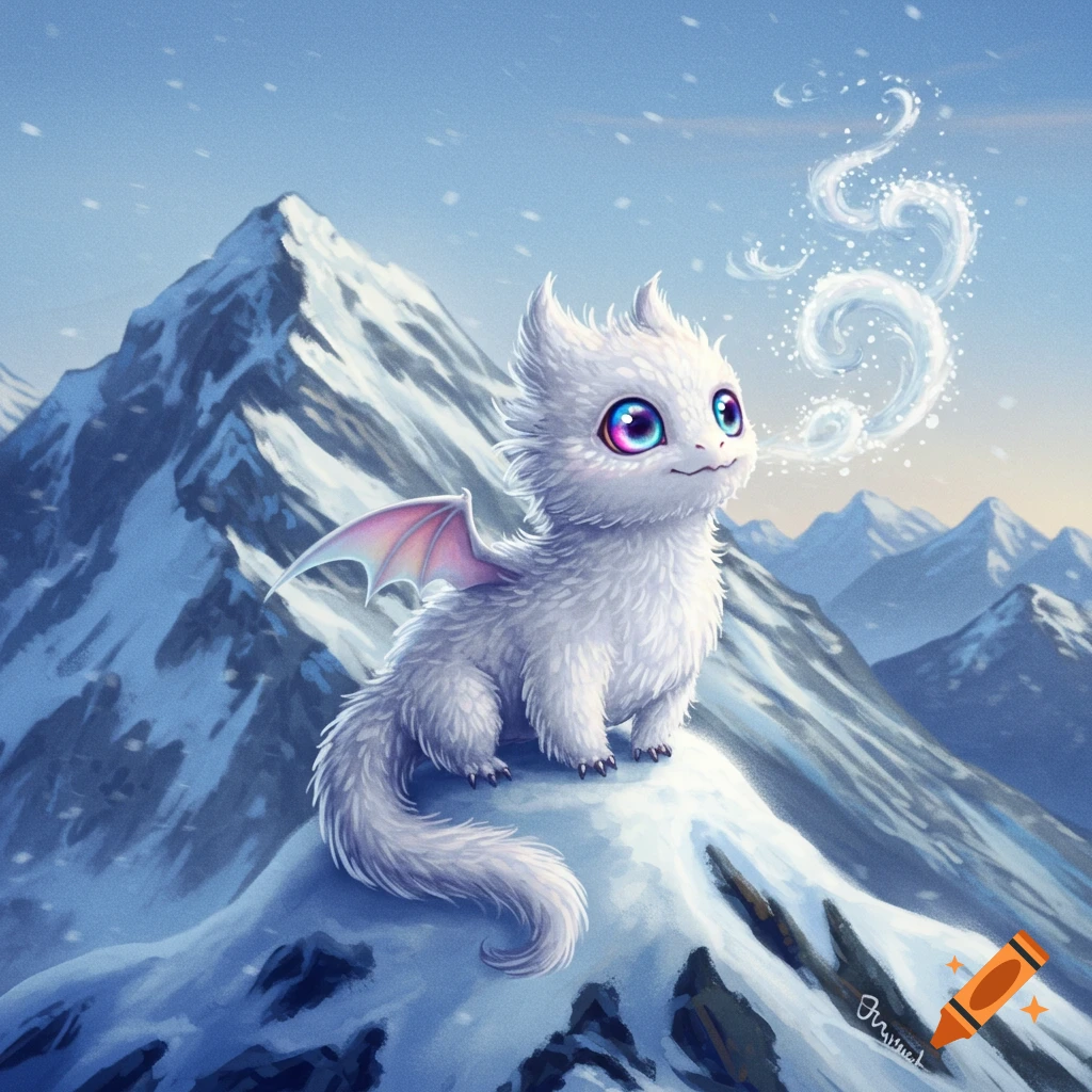 A small fluffy white dragon with rainbow eyes breathing ice on a snowy ...