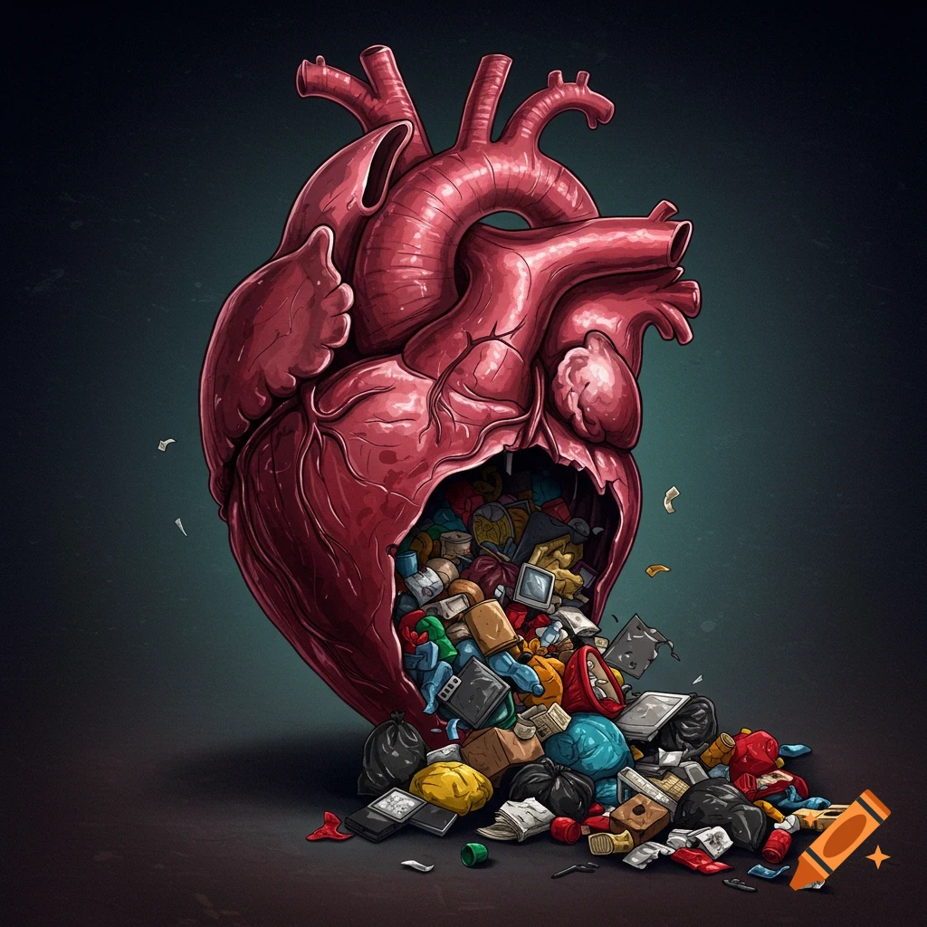 Stylized illustration of an anatomical heart spilling trash on Craiyon