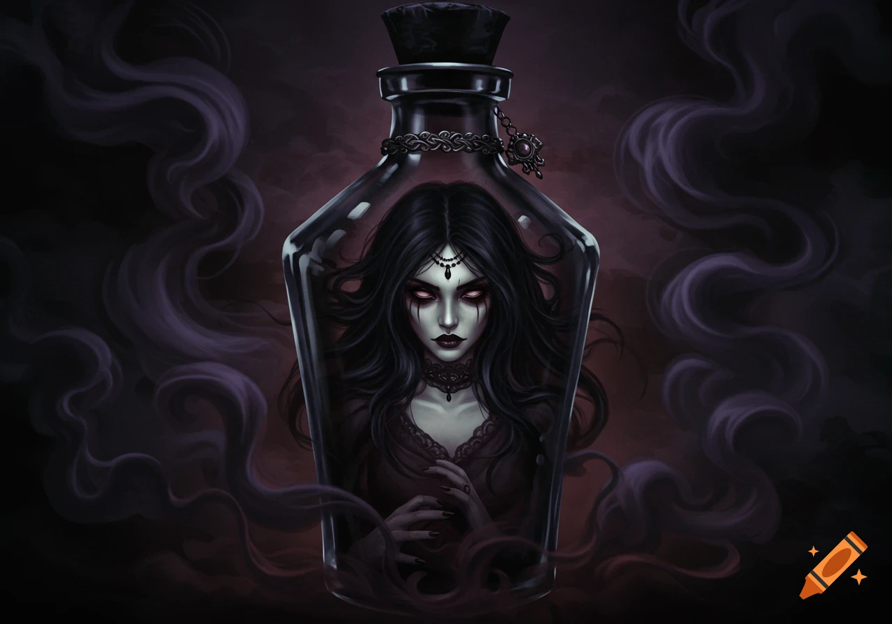 Dark fantasy illustration of a gothic woman with red eyes inside a ...