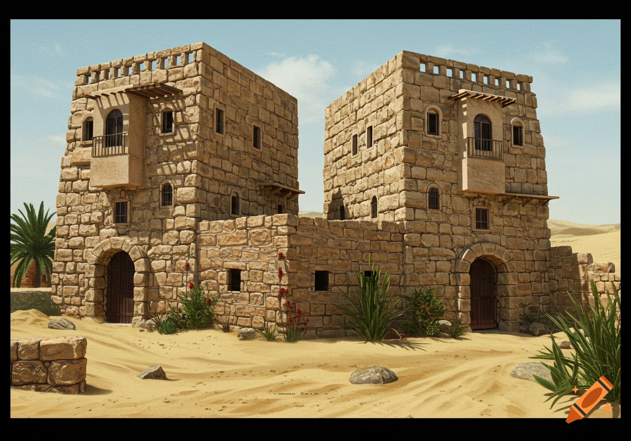 Two stone buildings in a desert landscape with sand and plants. on Craiyon