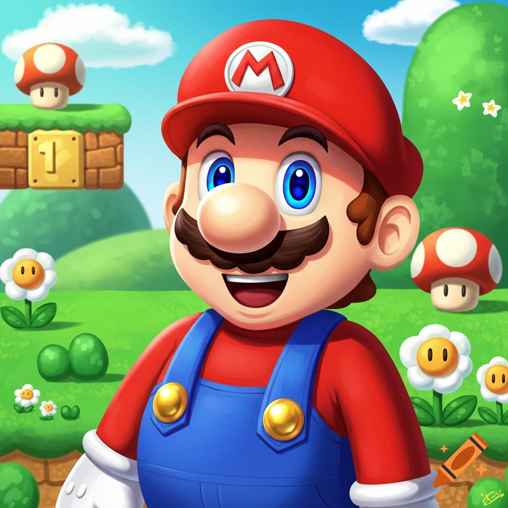 A smiling portrait of the cartoon character Mario in a vibrant Super ...