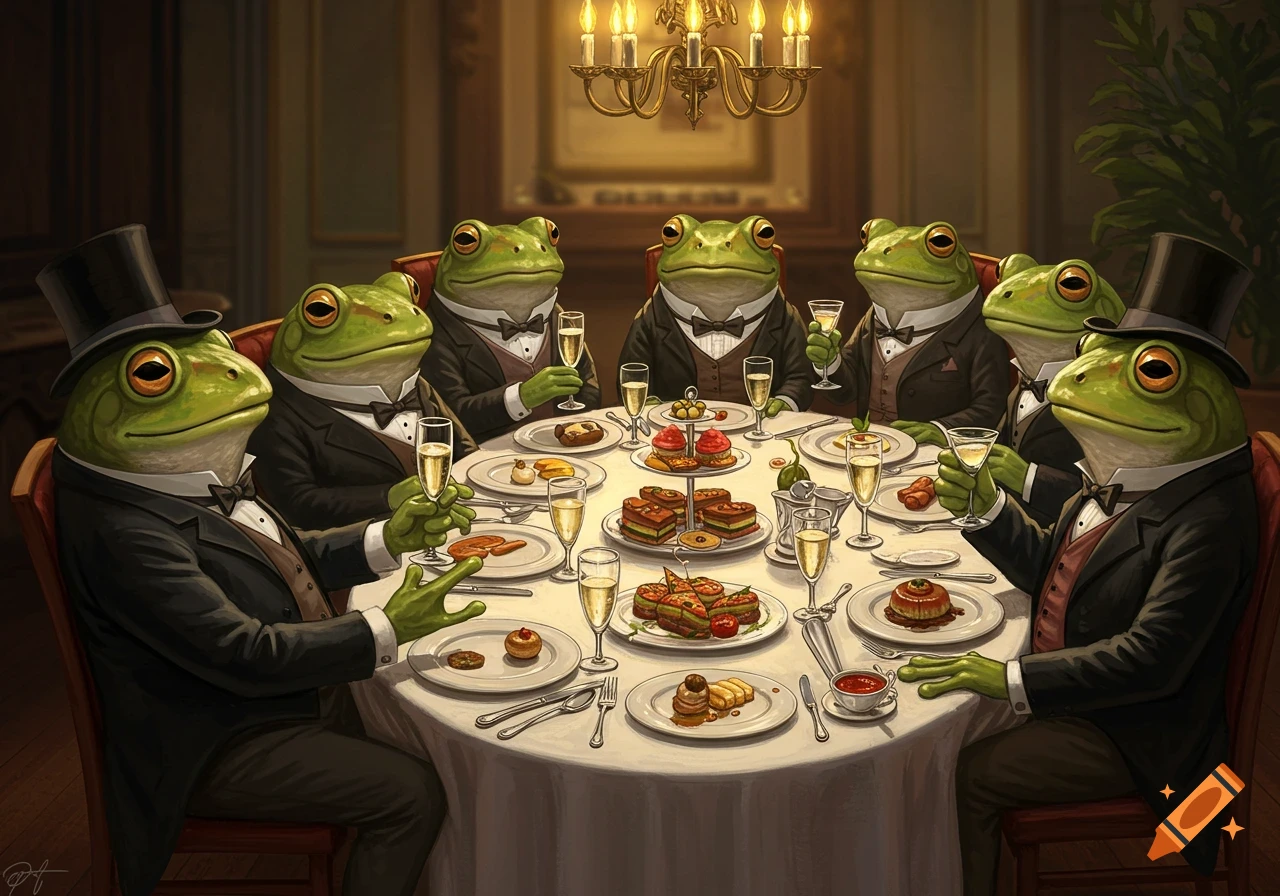 Anthropomorphic frogs in suits and hats dine at a table with food and ...