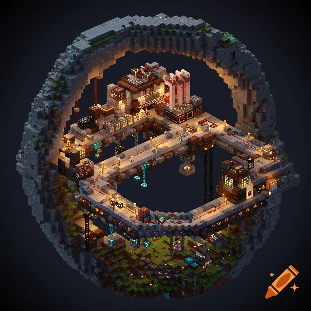 Isometric view of a detailed blocky structure, a Minecraft base built ...