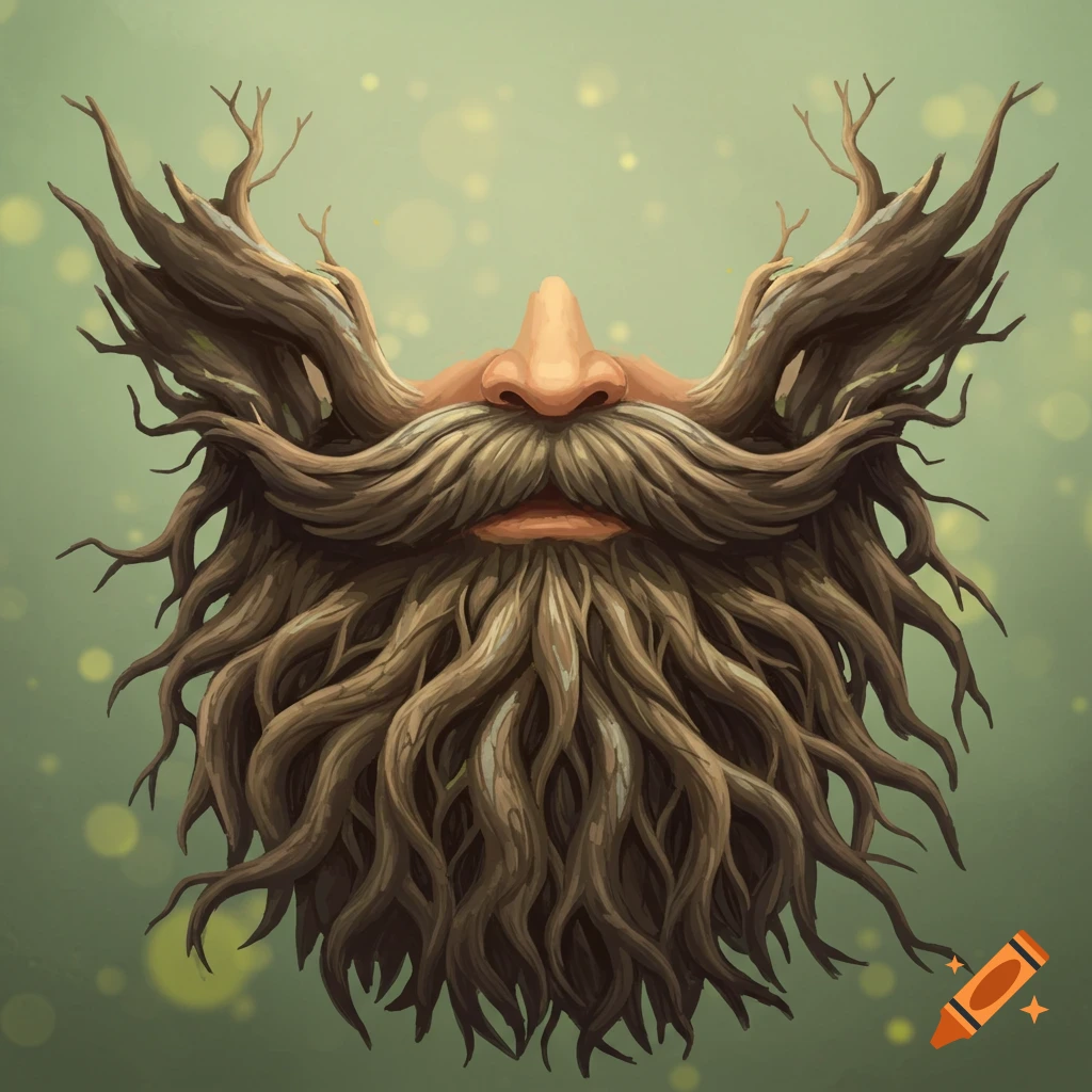 Close up illustration of a face with a large beard made of roots and ...
