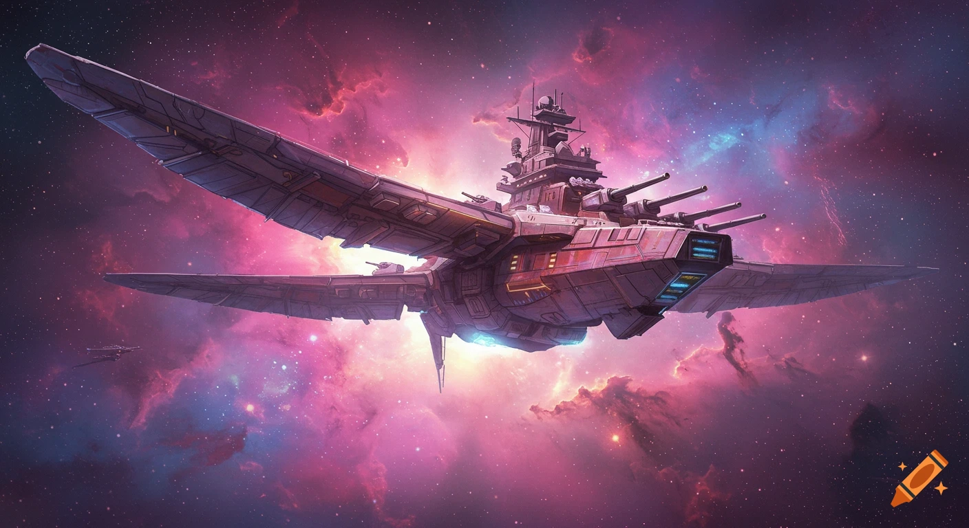 A detailed spaceship with large wings and big guns flies through a ...