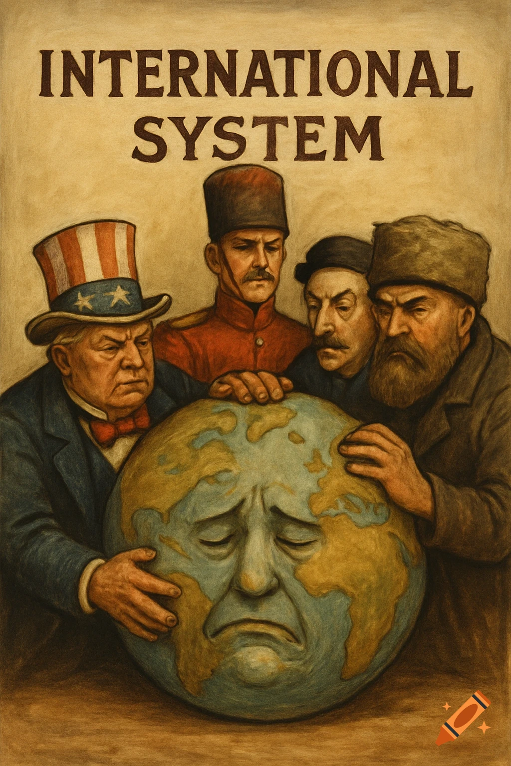 Political cartoon of figures representing countries looking at a sad ...