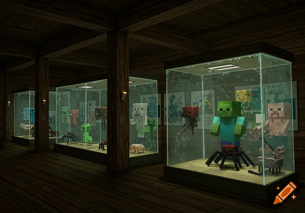Minecraft mobs displayed in glass cases in a dimly lit museum. on Craiyon