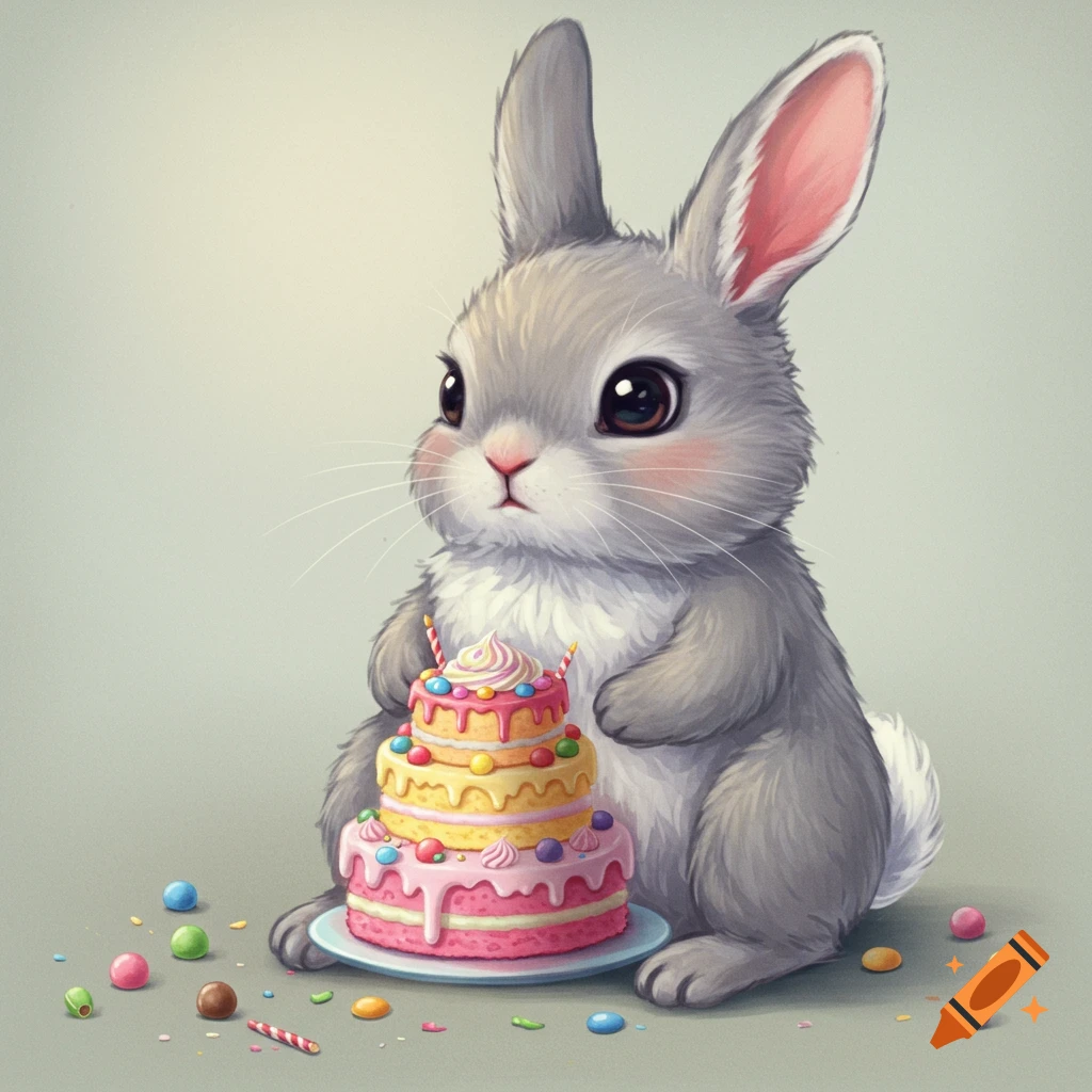 A cute grey rabbit sits holding a tiered cake. Digital illustration. on ...