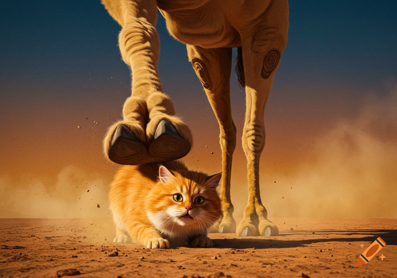 A camel's hoof poised above a small orange cat in a dusty desert. on ...