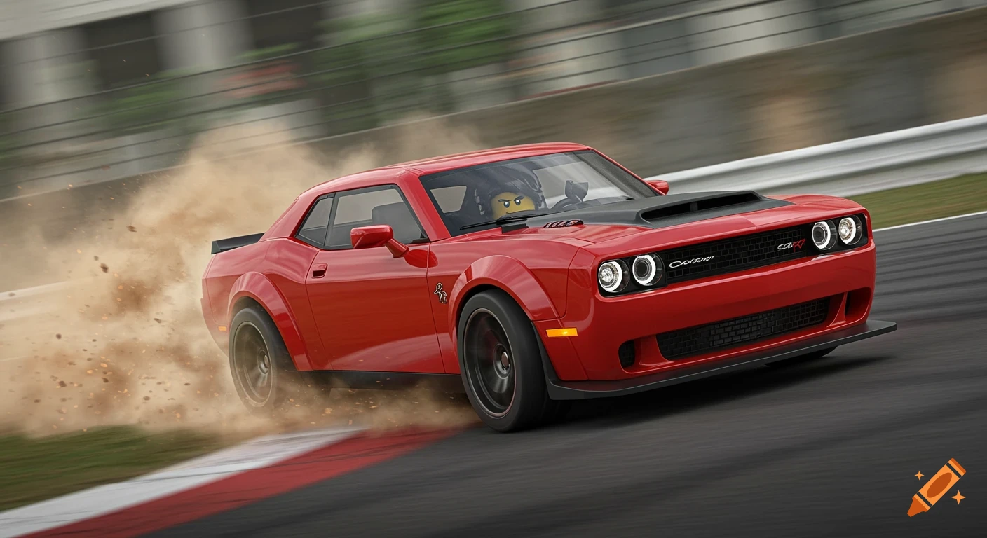 A Red Dodge Challenger Driven By A Lego Figure Drifts On A Race Track