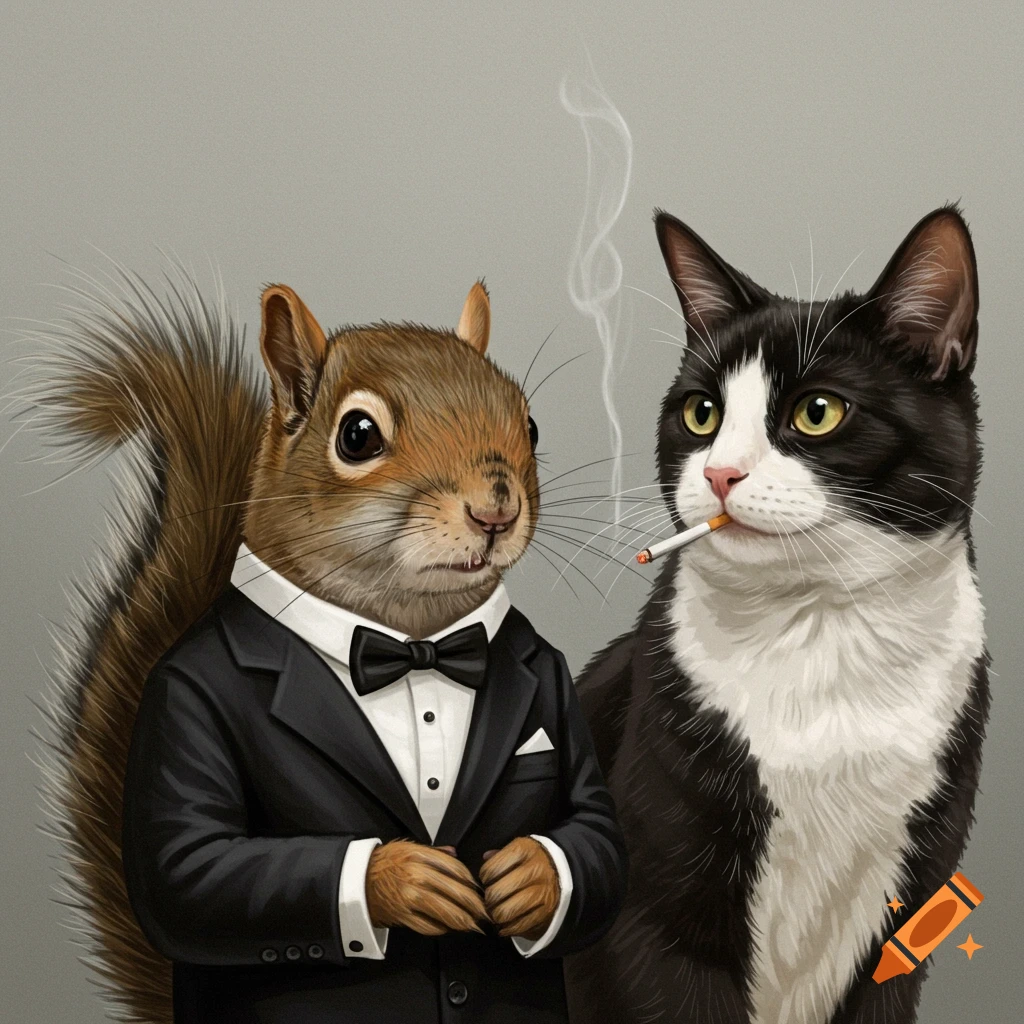 A realistic squirrel in a tuxedo stands next to a black and white cat ...