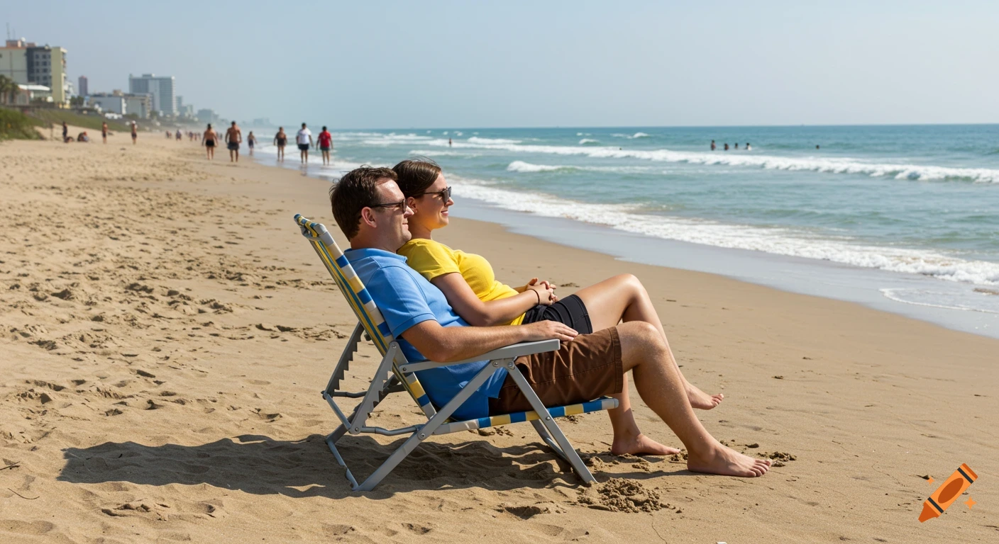 Couple sitting in beach chairs on a sandy beach facing the ocean ...