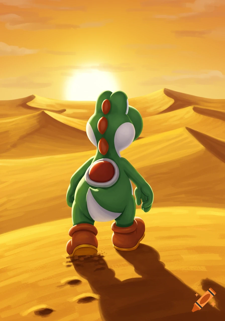 Yoshi walks on sand dunes at sunset, viewed from behind. on Craiyon