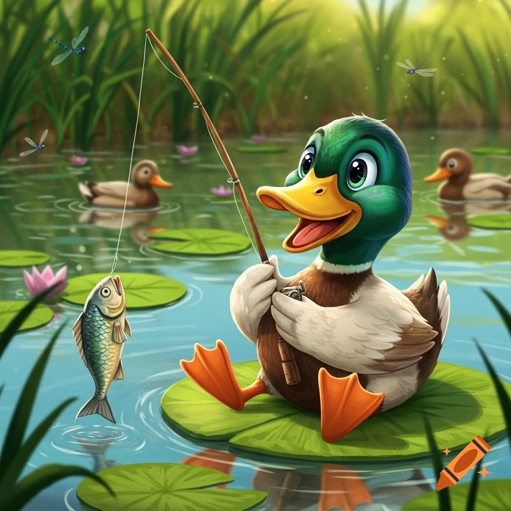 A cute cartoon duck sits on a lily pad fishing in a pond and catches a ...