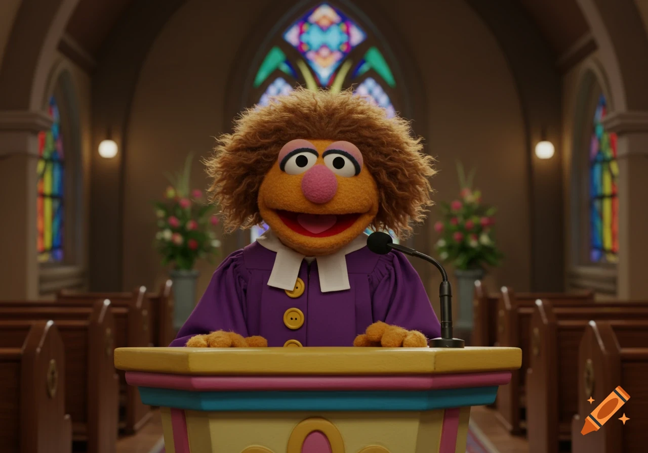 A Muppet-like character dressed as a pastor stands at a pulpit in a ...