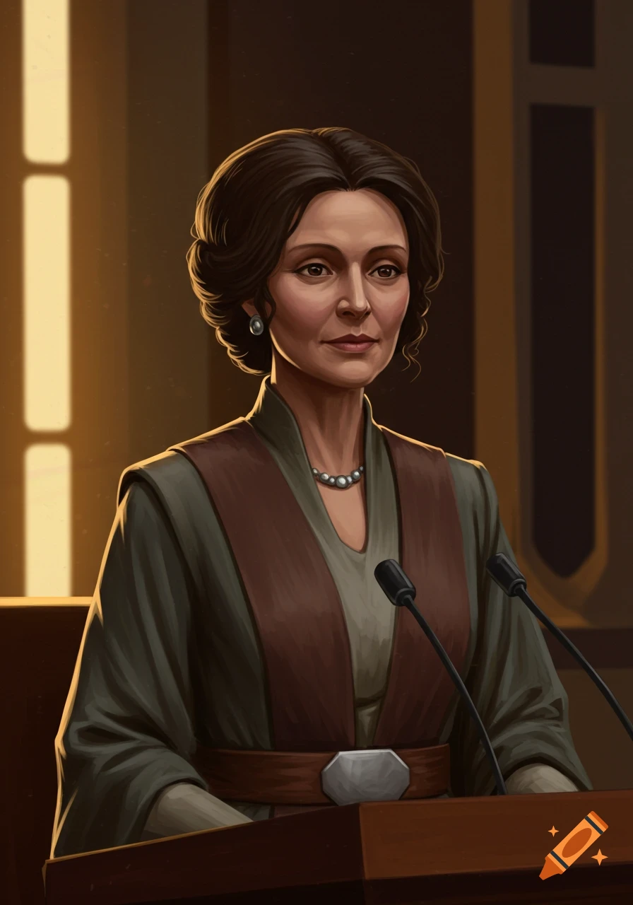 A stylized portrait of Mon Mothma addressing the Imperial Senate from ...
