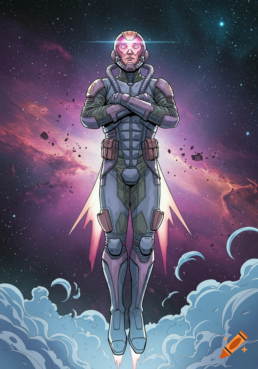 Superhero in a futuristic suit floats in space, arms crossed, comic ...