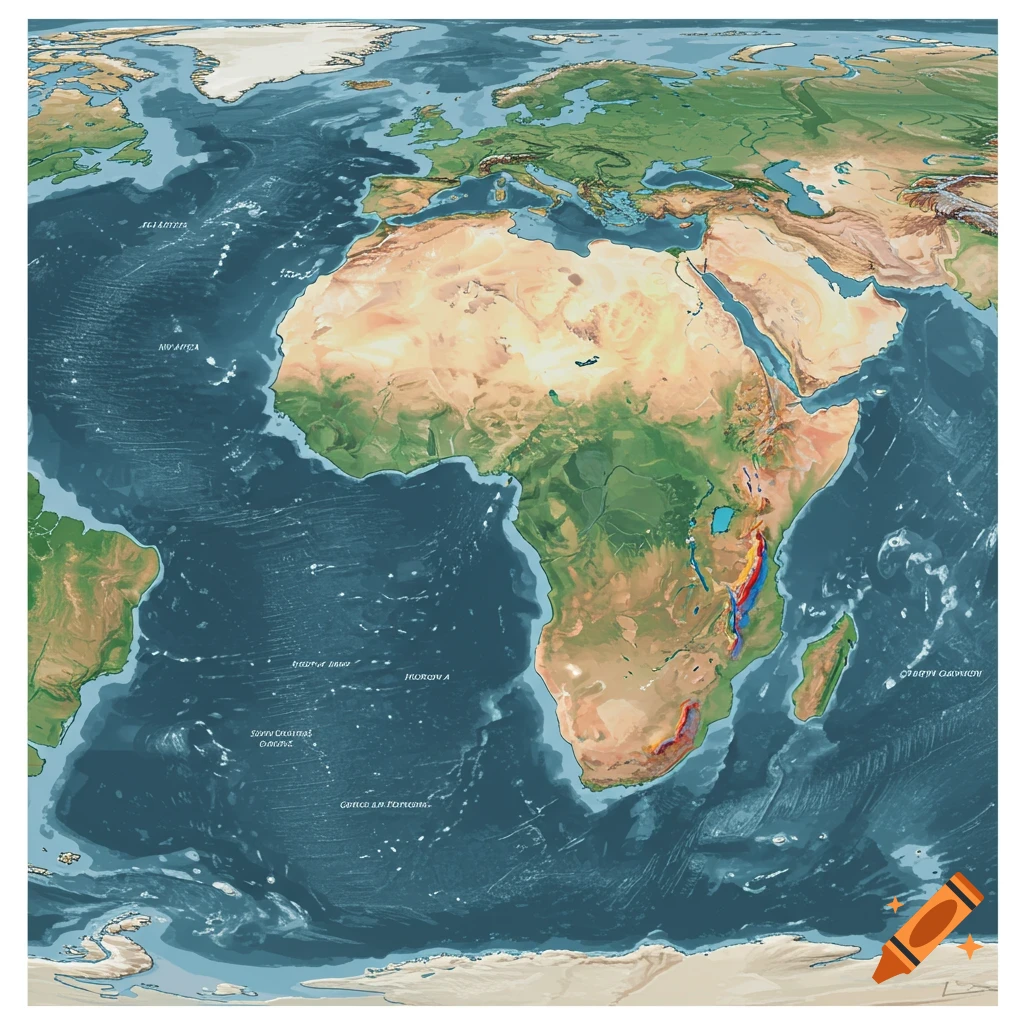 Raised-relief map showing continents and oceans from a global ...