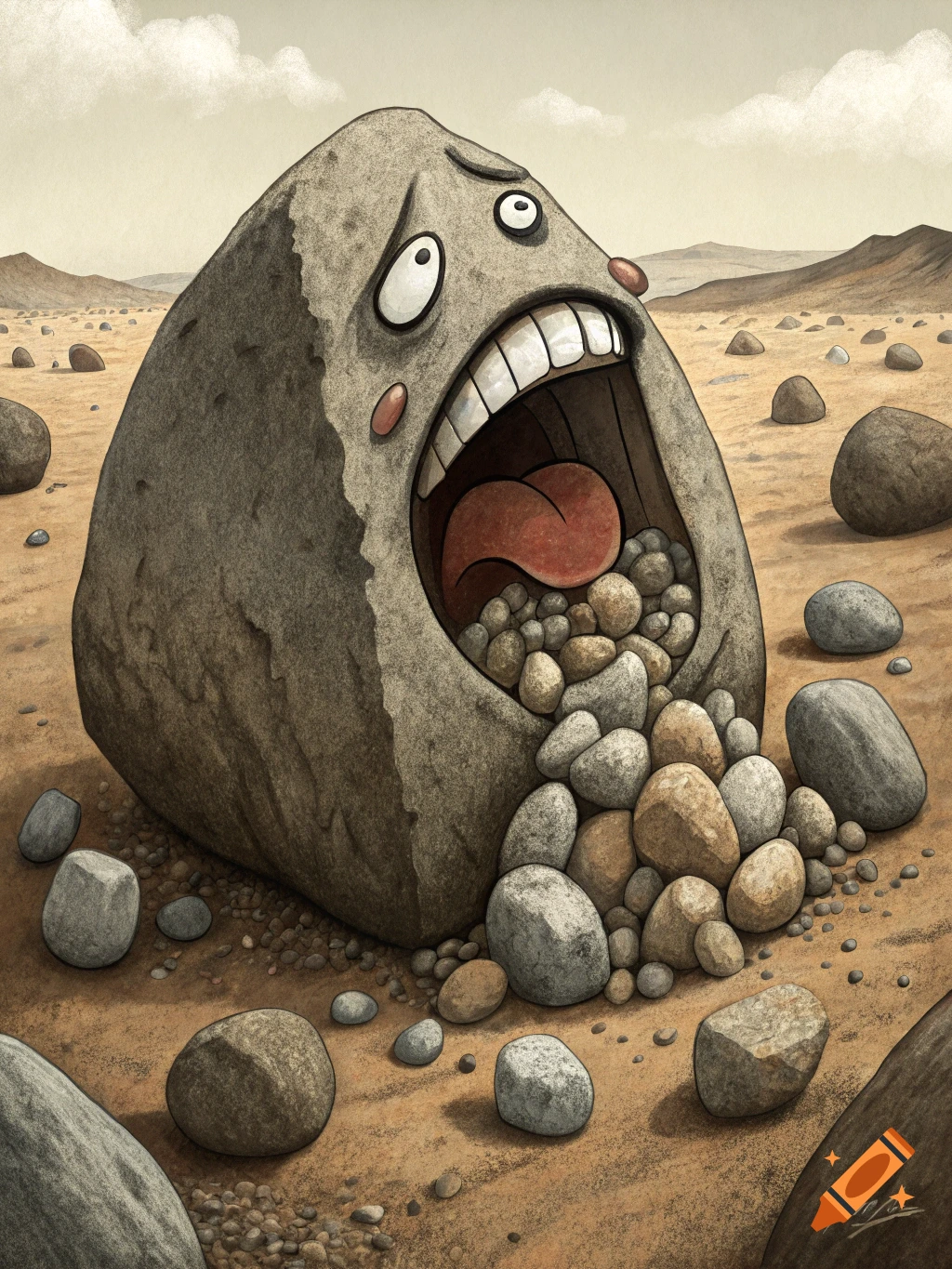 Cartoon rock vomiting rocks in a desert on Craiyon