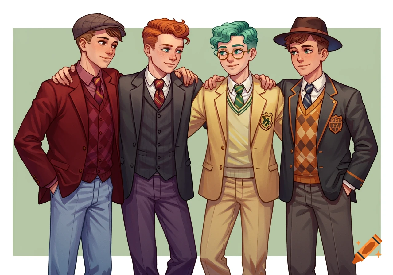 Four young men in preppy school uniforms standing together, smiling, in ...