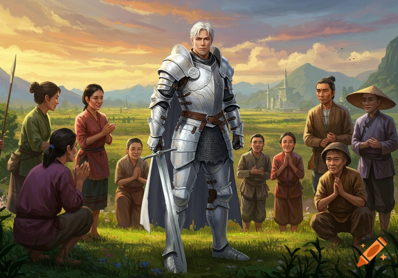 A knight in silver armor stands in a field surrounded by people in ...