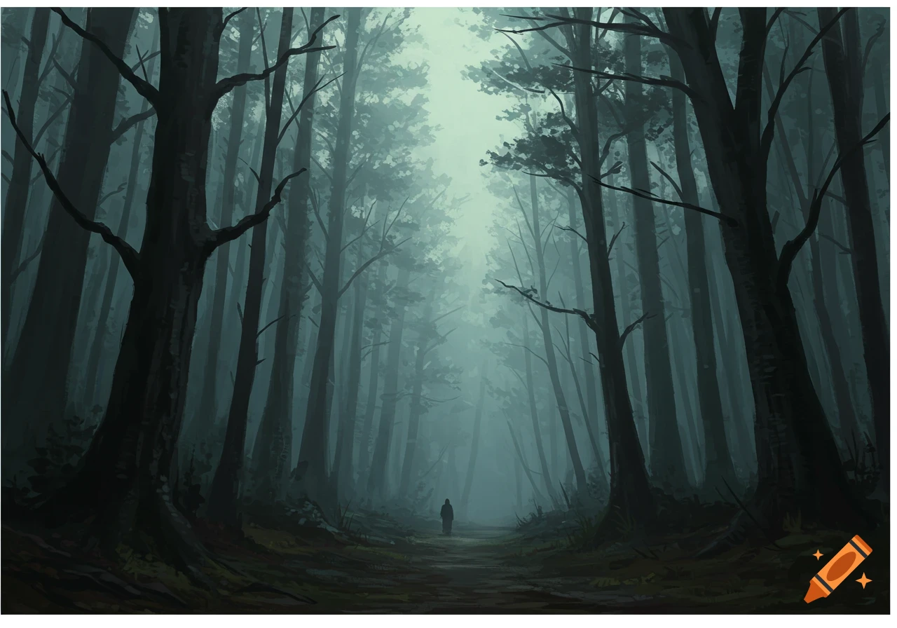 Digital painting of a dark forest path stretching into fog with a ...