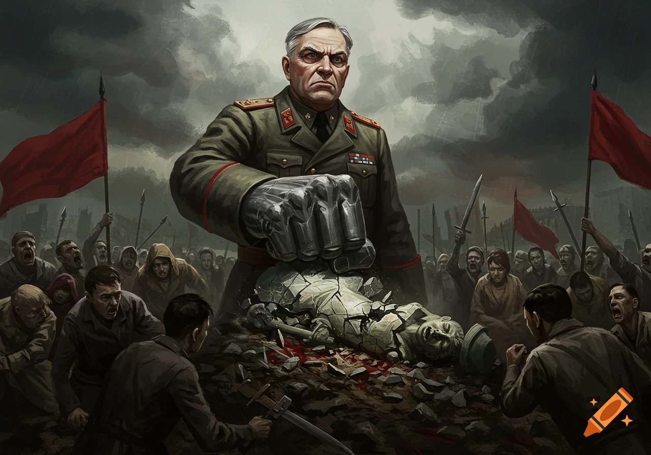 Stern military leader with metallic fist smashes a statue before an ...