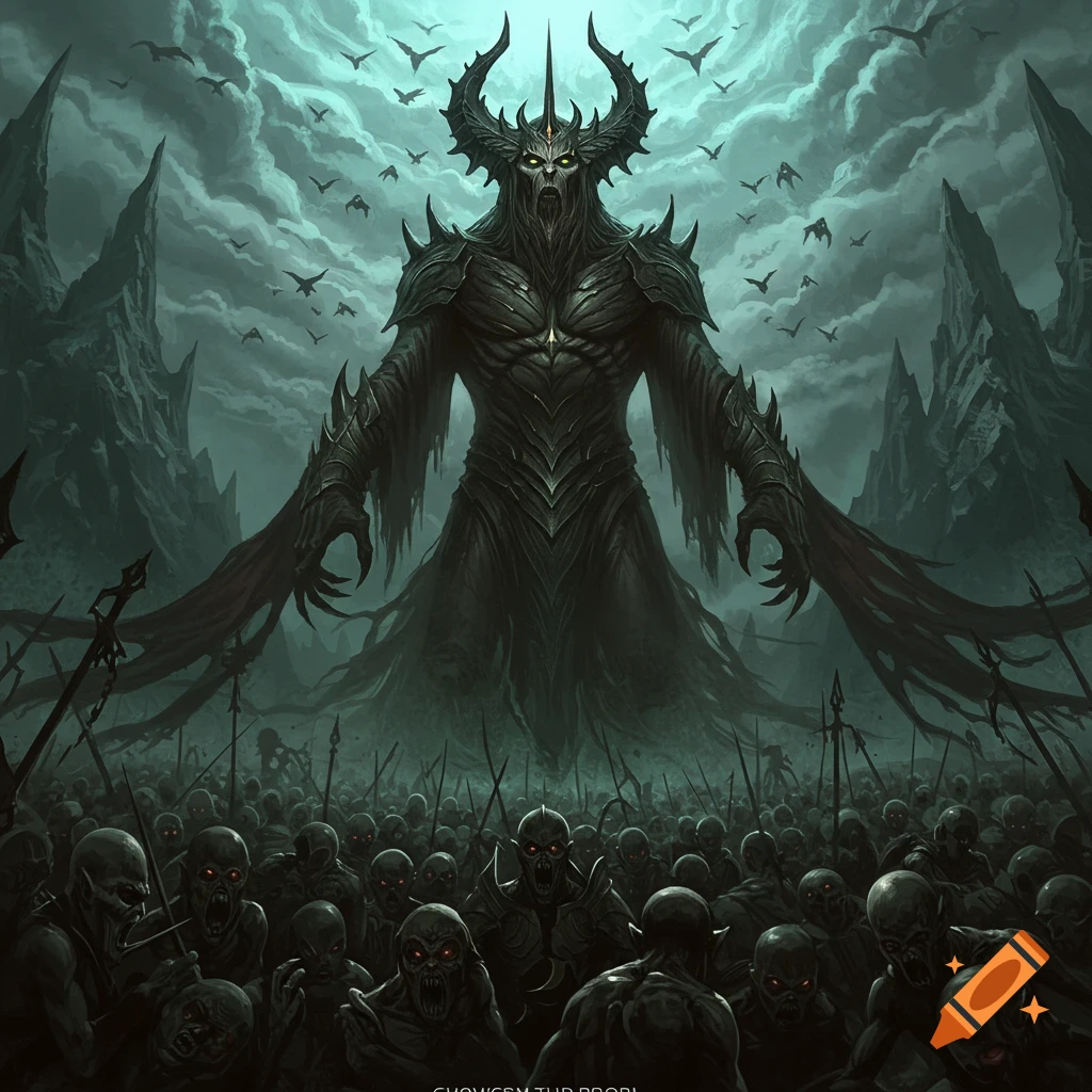 A dark lord figure with horns looms over a horde of grotesque creatures ...