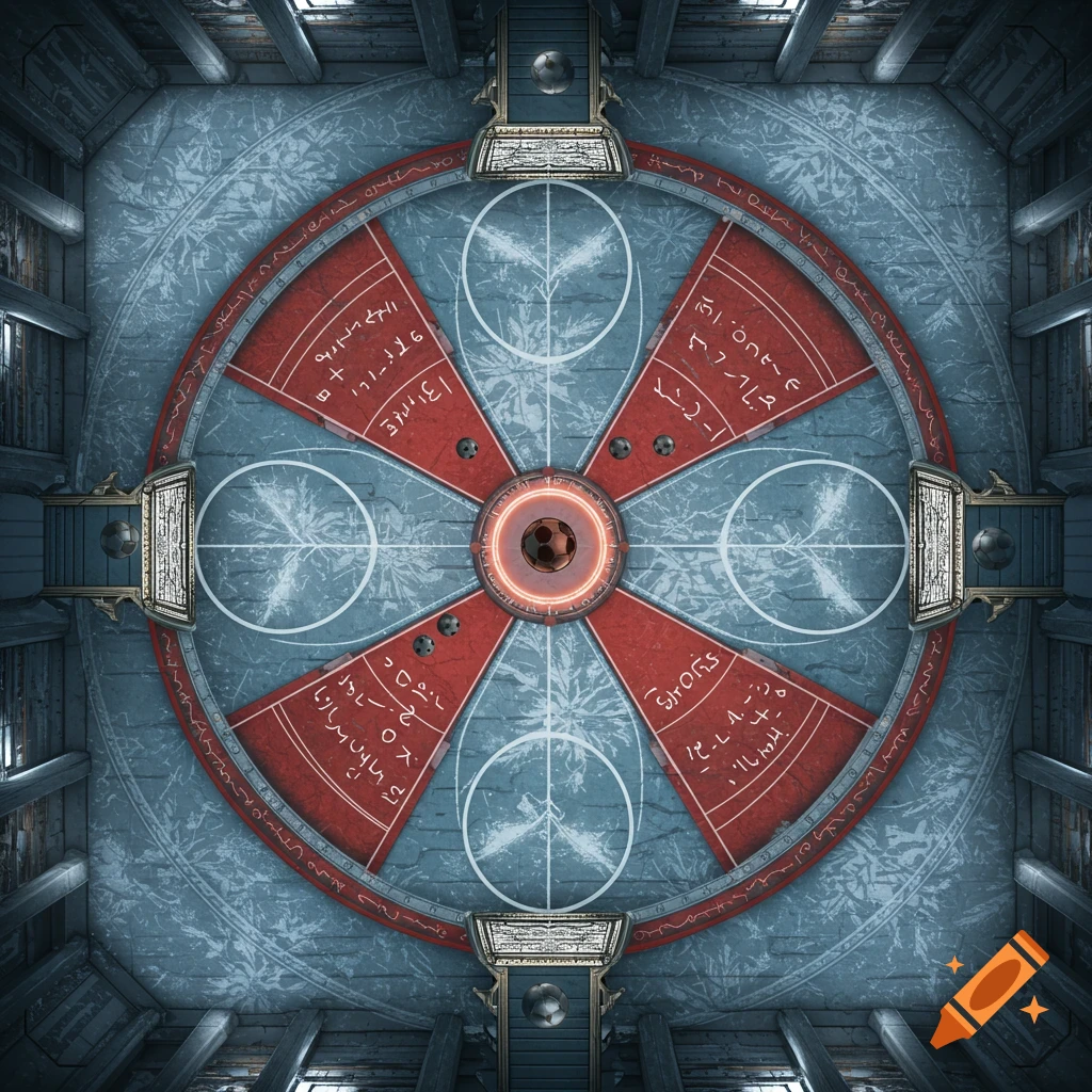 Top-down view of a circular fantasy sports court with red sections and ...