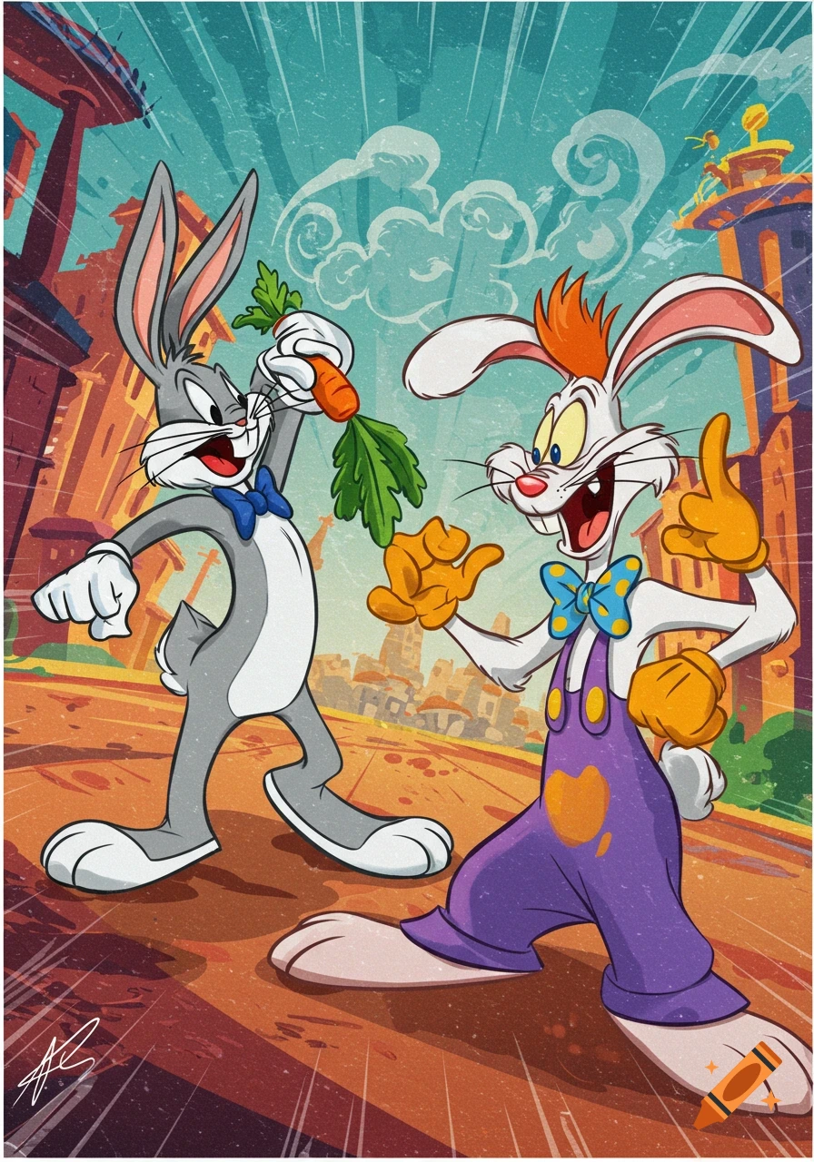 Bugs Bunny and Roger Rabbit stand together in a colorful cartoon style ...