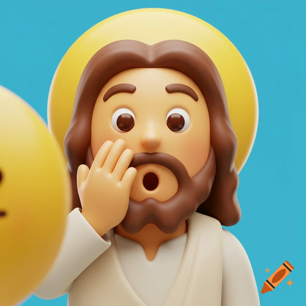 3D emoji-style rendering of Jesus with a shocked expression, hand over ...