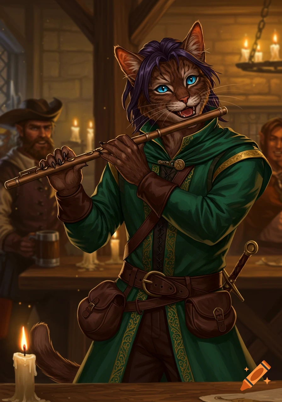A realistic fantasy cat person character, a bard, plays the flute in a ...