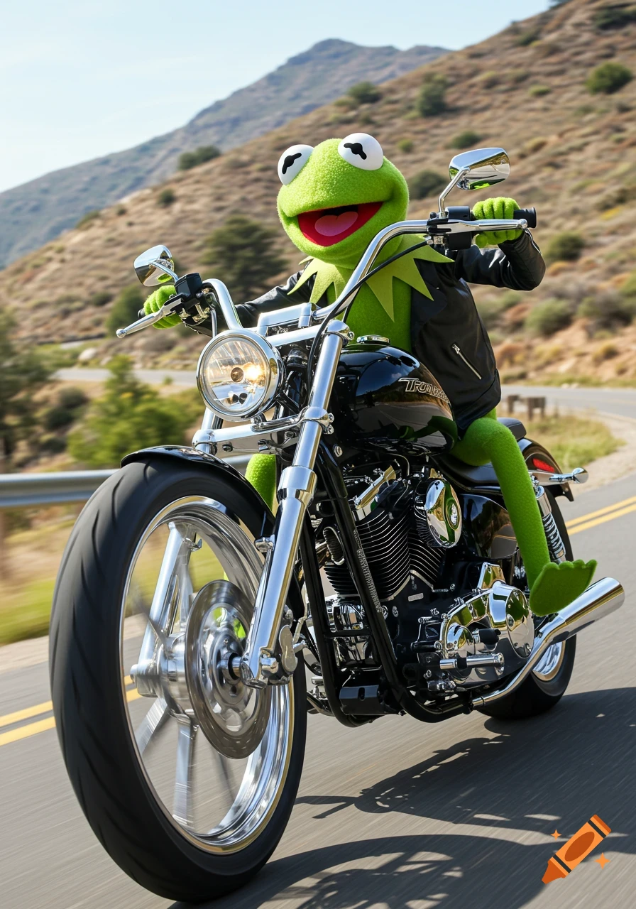 Kermit the Frog rides a motorcycle down a road in a photorealistic ...