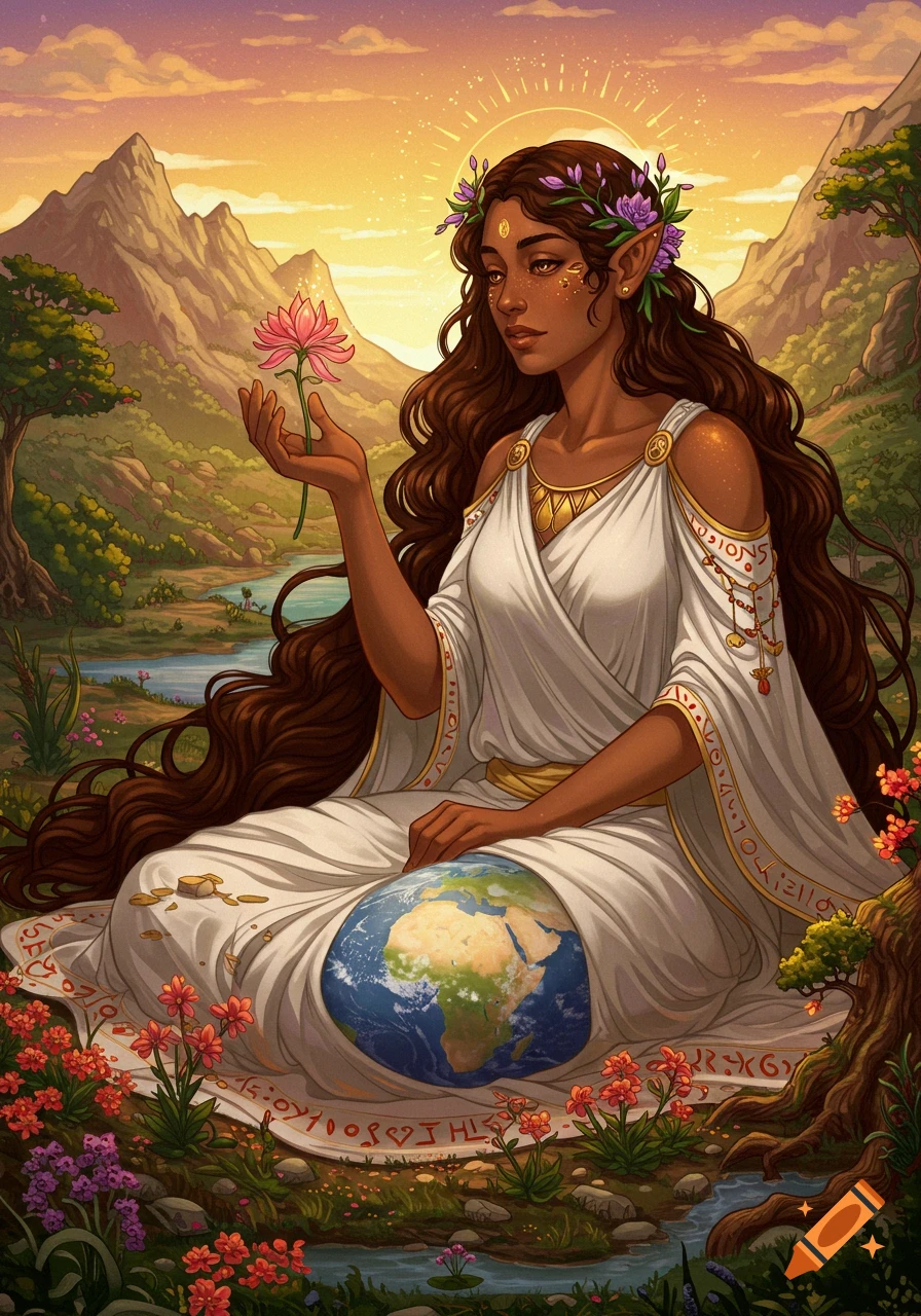 Illustration of a woman resembling Gaia, holding a flower in a lush ...
