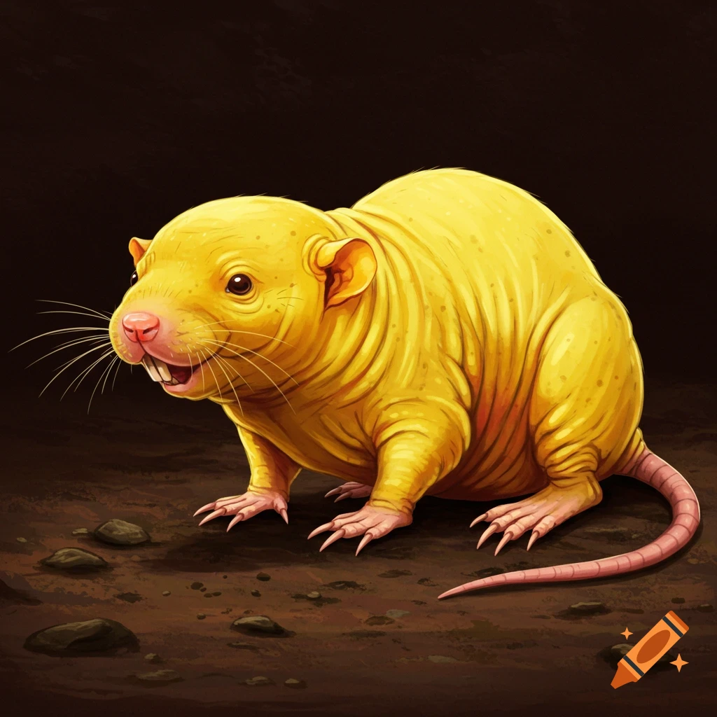 An illustration of a yellow naked mole rat on a dark ground. on Craiyon