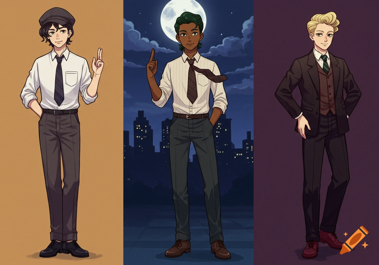 Three anime-style young men in 1950s suits stand posing against ...