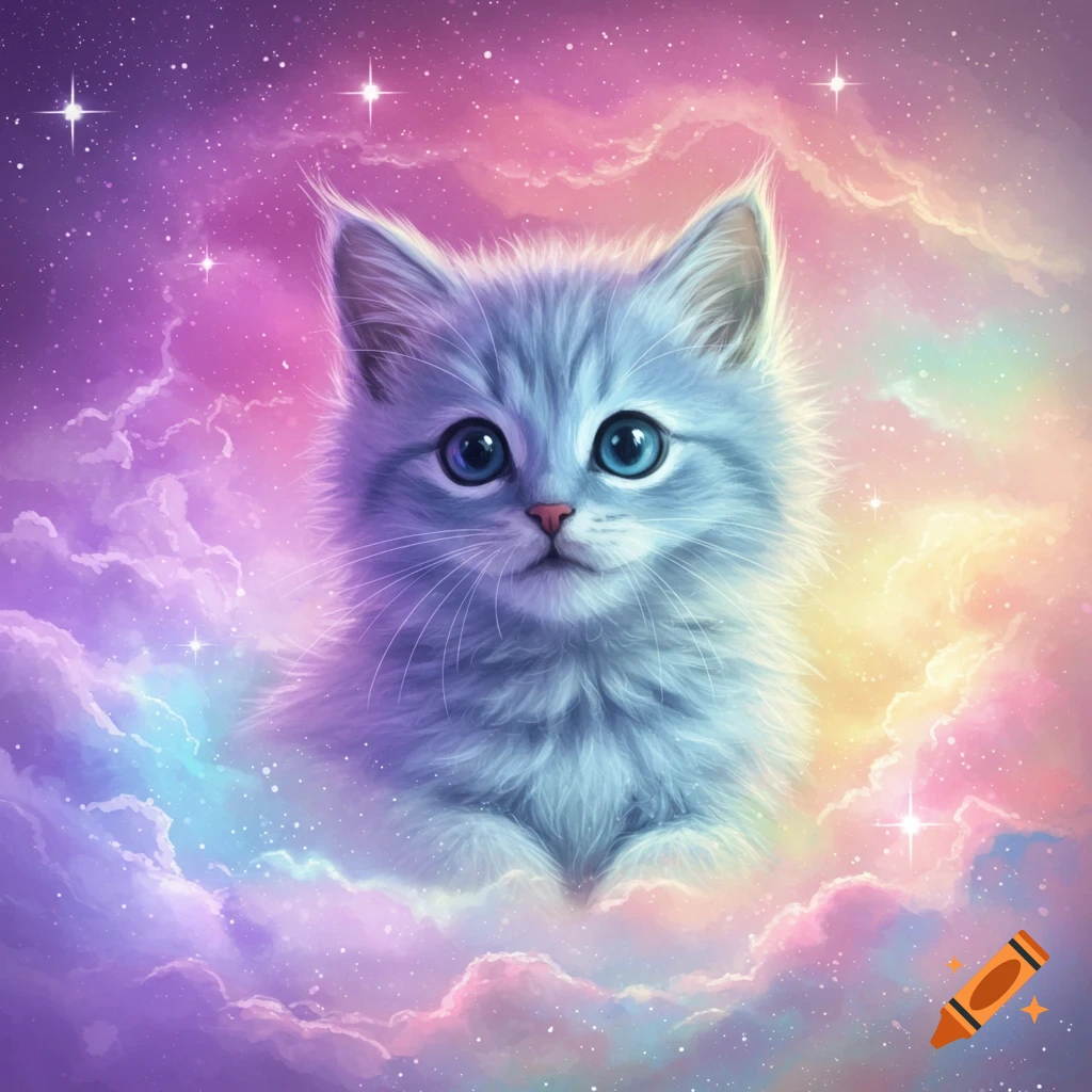 A fluffy grey kitten with blue eyes floats among rainbow-colored clouds and stars in space. on ...