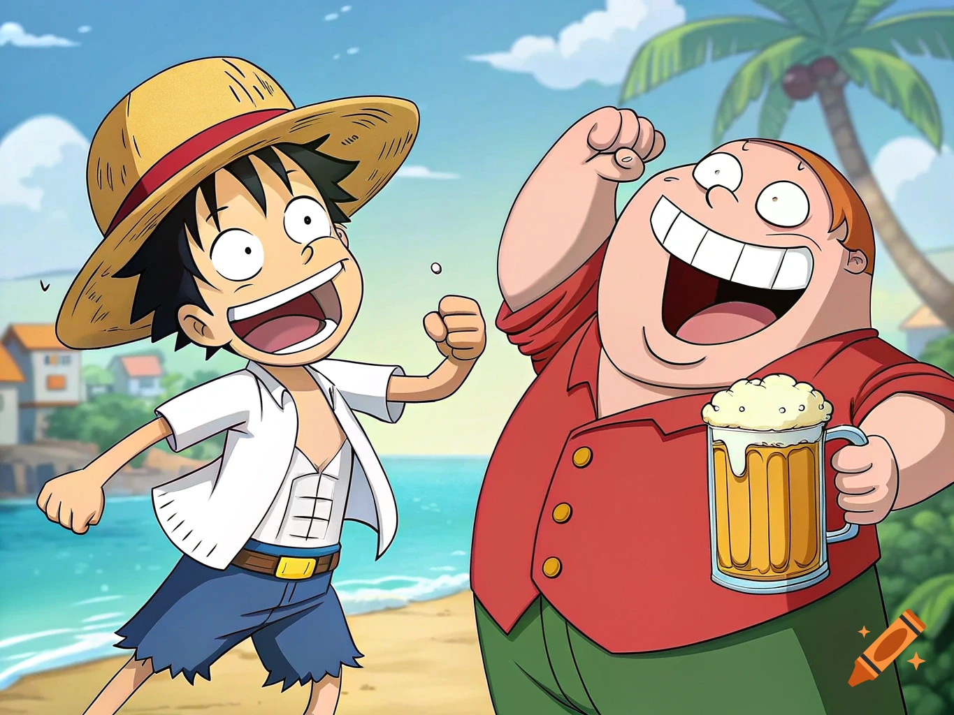 Cartoon crossover of Luffy and Peter Griffin on a beach, one holding a ...