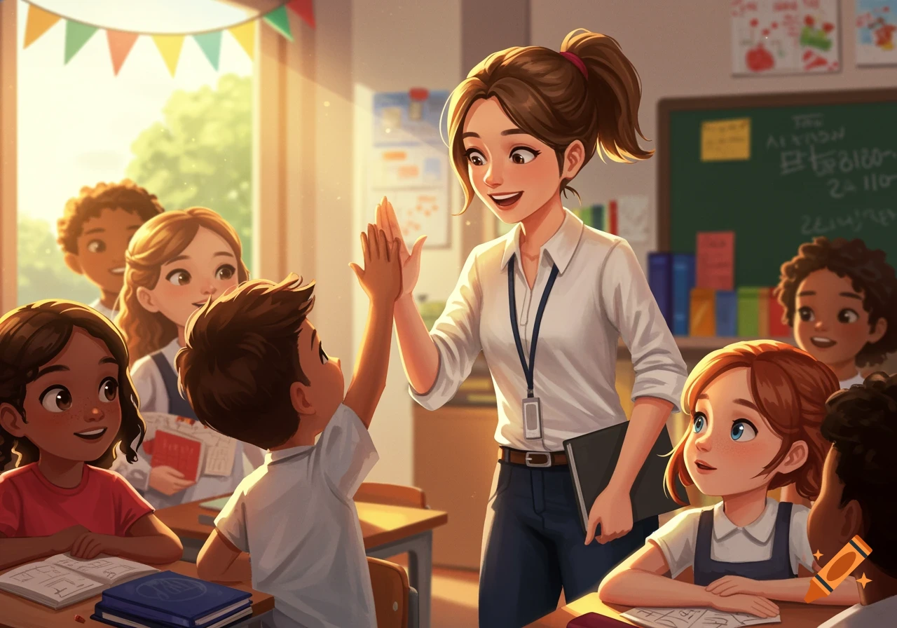 A teacher high-fives a student in a bright classroom filled with ...