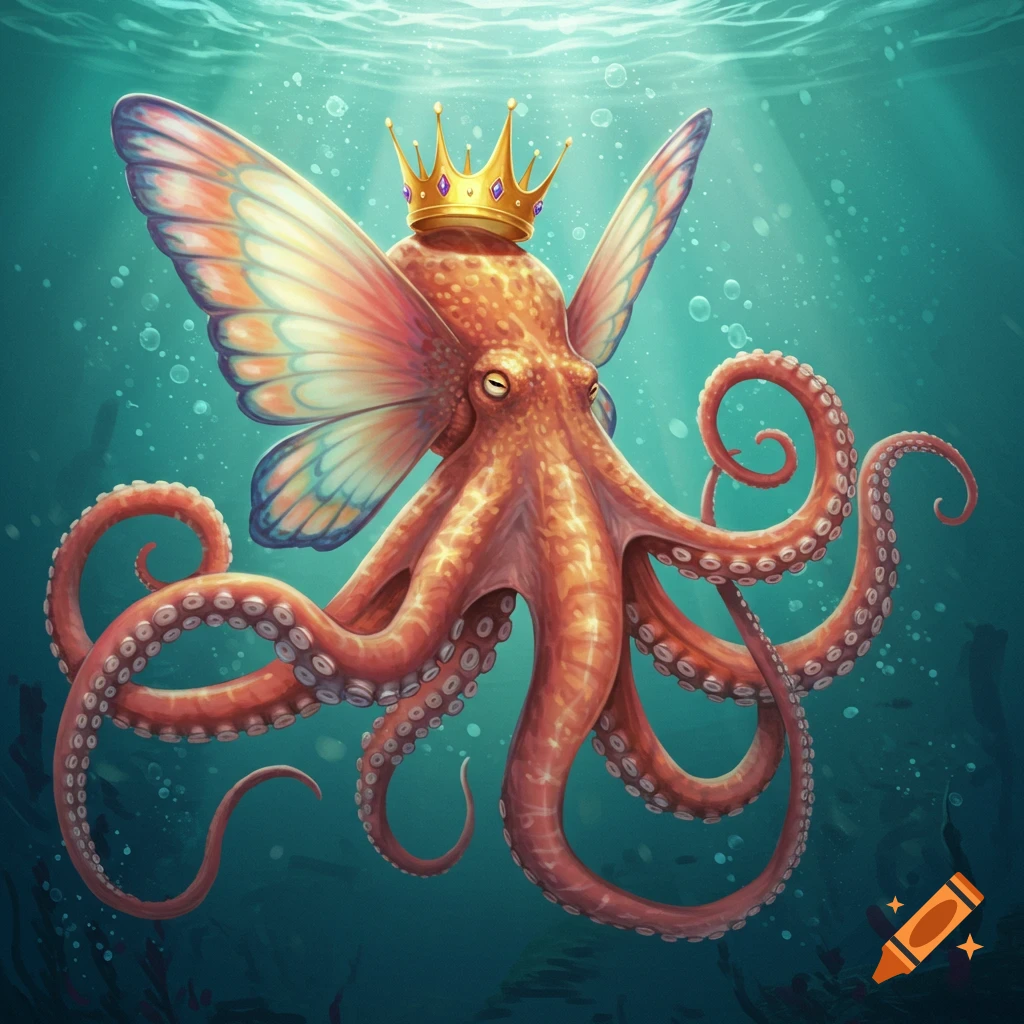 An illustration of an octopus with butterfly wings and a golden crown ...