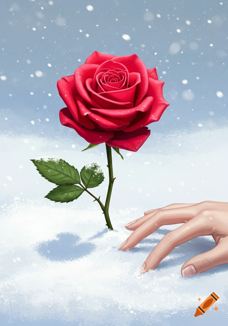 Illustration of a red rose in snow with a hand touching the ground as ...
