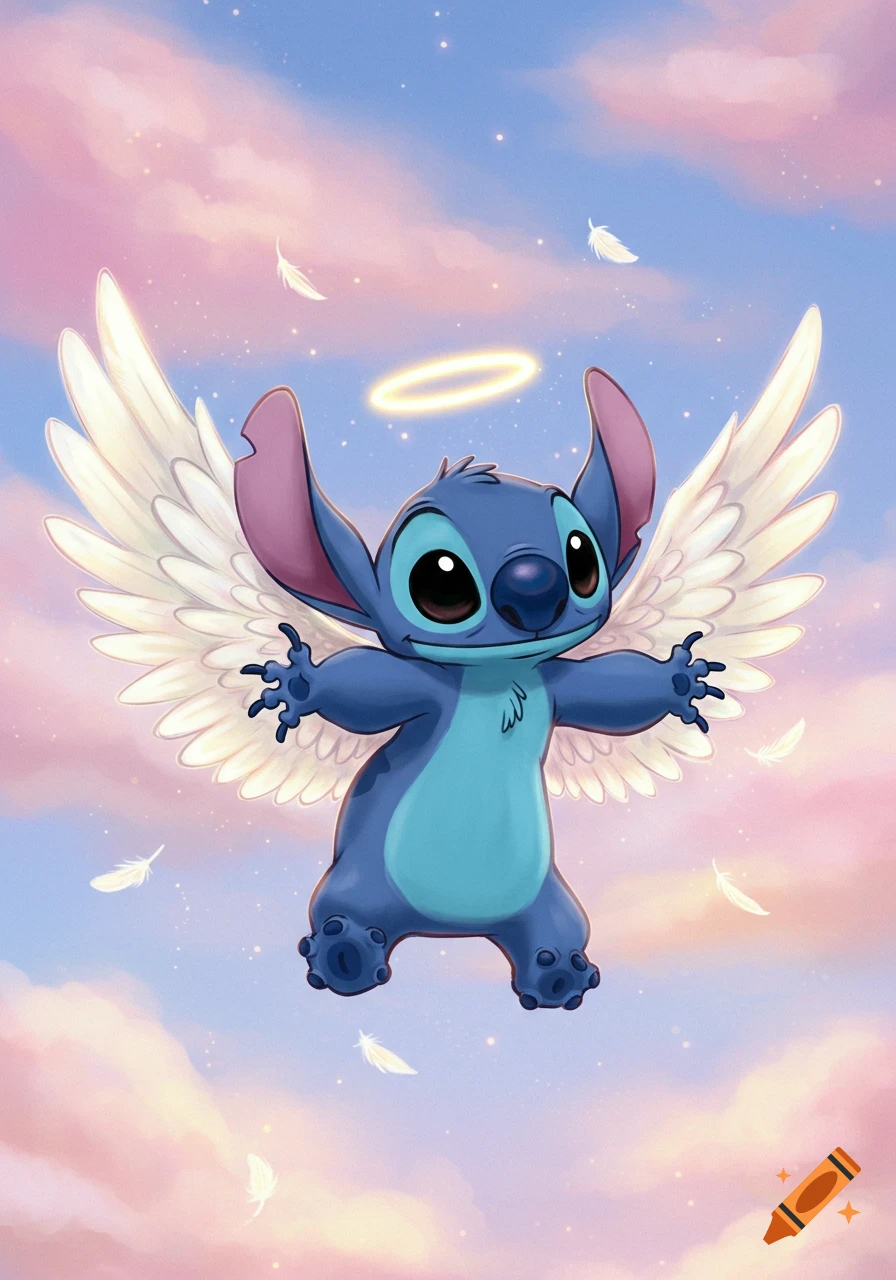 Stitch with angel wings and halo floating in a cloudy sky with falling ...